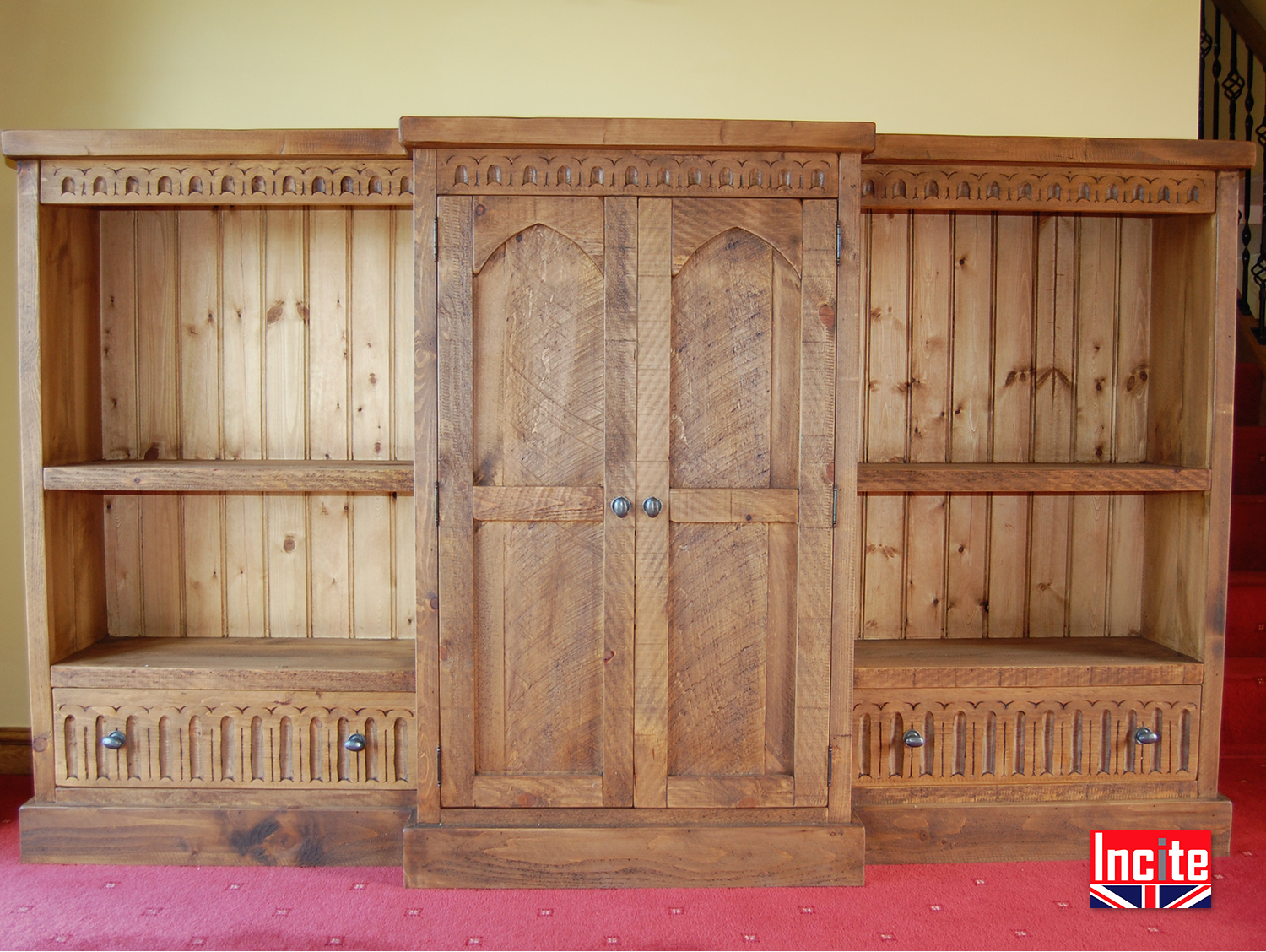 Plank Solid Pine Gothic Hand Carved Bookcases by Incite.